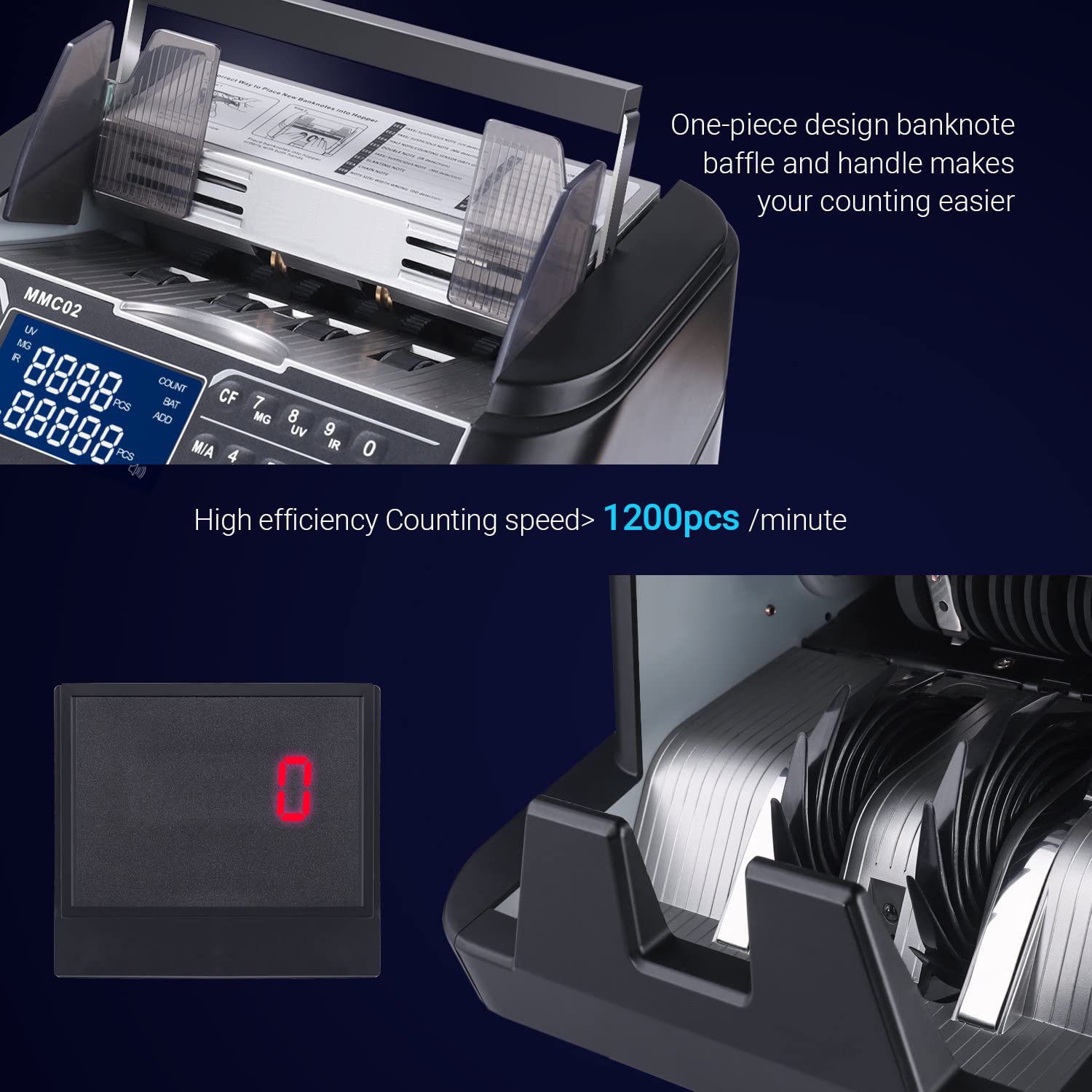 Money Counter with UV/MG/IR/DBL/HLF/CHN Counterfeit Detection - USA/EUR Business Grade with LED Display/Add/Batch Modes,1,000 Bills/Min-No Count Amounts