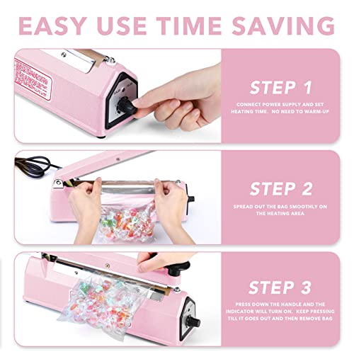 METRONIC Impulse Sealer 8 inch, Manual Heat Sealer Machine for Plastic Bags, Shrink Wrap Bag Sealers Heavy Duty Sealing Machine with Repair Kit ( Pink)