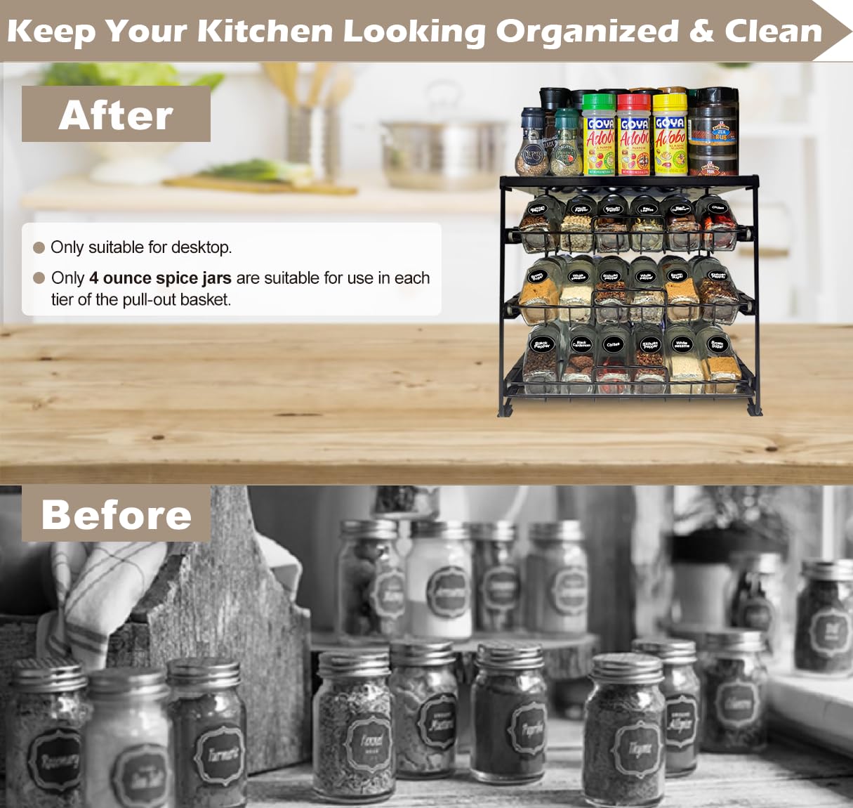 Artibear Spice Rack Organizer with Mesh Drawer for Kitchen Cabinet, 3-Tier Seasoning Storage Holder for Pantry Countertop, Matte Black (Jars Not Included)