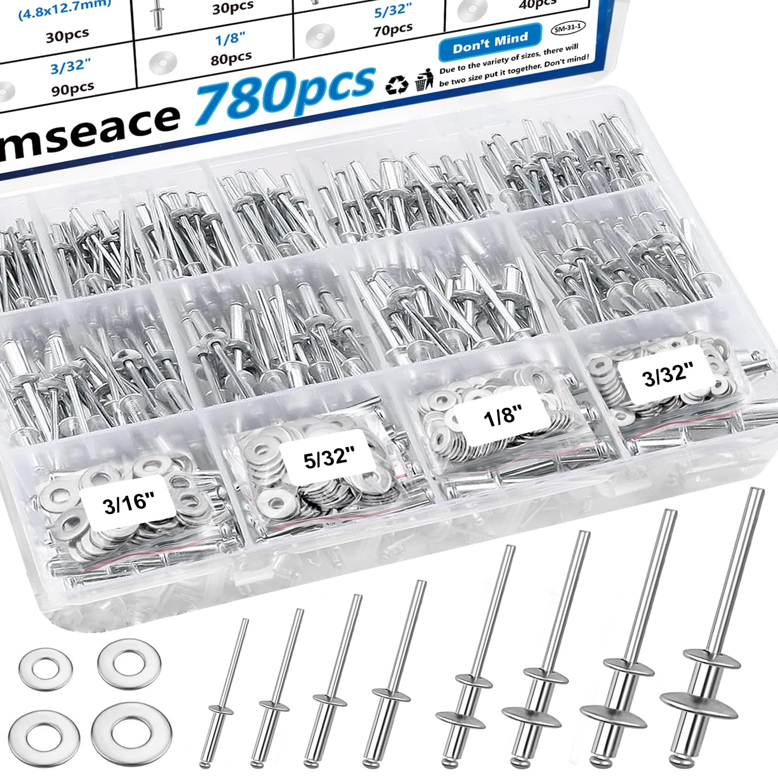 smseace 780Pcs Silver Pop Rivets with Washer Assortment Kit 14-Sizes SAE Aluminum Rivets(3/32 inch1/8 inch5/32 inch3/16 inch1/4 inch) Assorted Blind Rivets for Metal,Furniture,Automotive,Instrument