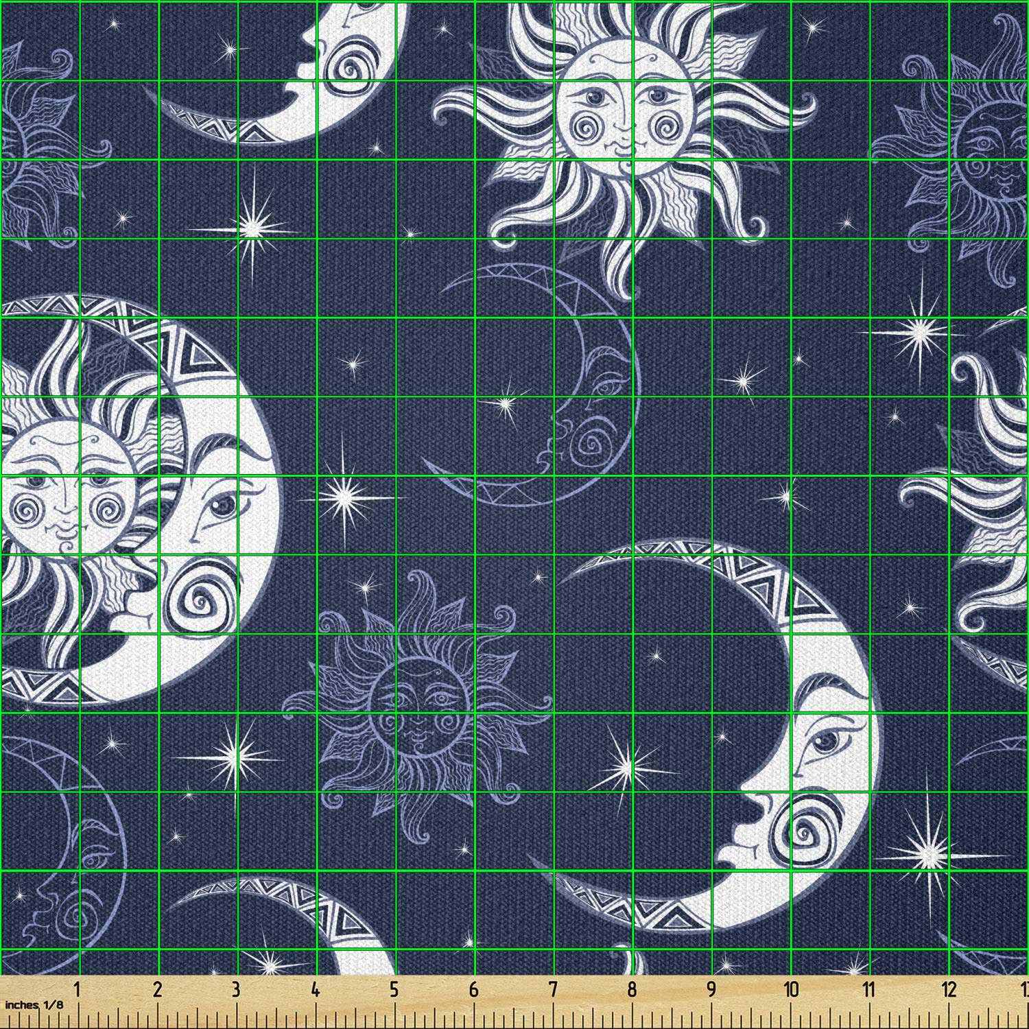 Ambesonne Half Moon Fabric by The Yard, Repeating Mystical Sky Elements Sun and Stars Illustration, Stretch Knit Fabric for Clothing Sewing and Arts Crafts, 1 Yard, Blue Ceil