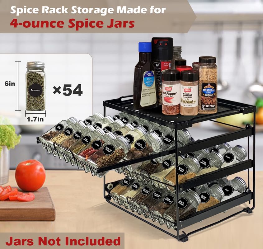 Artibear Spice Rack Organizer with Mesh Drawer for Kitchen Cabinet, 3-Tier Seasoning Storage Holder for Pantry Countertop, Matte Black (Jars Not Included)