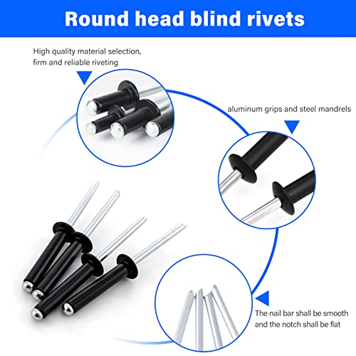 600PCS Black Pop Rivets, 8 Sizes of Aluminum Blind Rivets Assortment Kit(1/8" x 1/4", 5/16", 3/8", 1/2"; 3/16" x 5/16", 3/8", 1/2", 5/8")