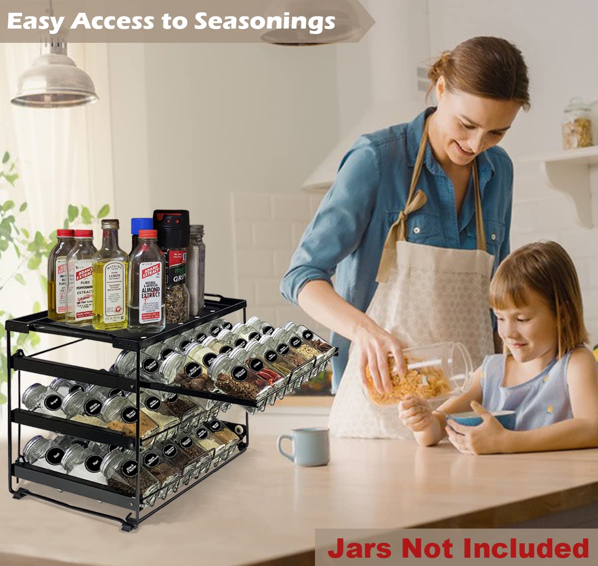 Artibear Spice Rack Organizer with Mesh Drawer for Kitchen Cabinet, 3-Tier Seasoning Storage Holder for Pantry Countertop, Matte Black (Jars Not Included)