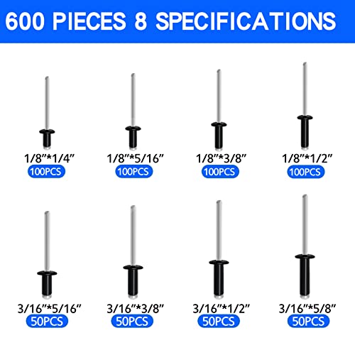 600PCS Black Pop Rivets, 8 Sizes of Aluminum Blind Rivets Assortment Kit(1/8" x 1/4", 5/16", 3/8", 1/2"; 3/16" x 5/16", 3/8", 1/2", 5/8")