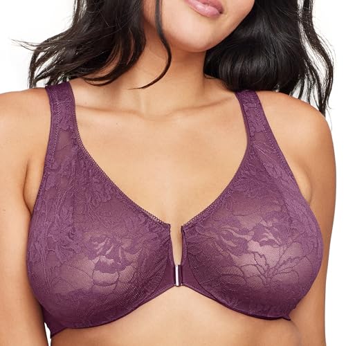 Glamorise Full Figure Plus Size Lacey T-Back Front-Closure Wonderwire Bra Underwire #9246 Black Plum