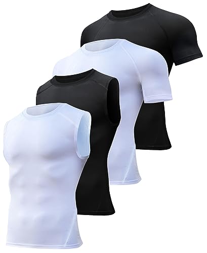 HOPLYNN 4 Pack Compression Shirts and Tank Tops Men Athletic Short Sleeve/Sleeveless Rash Guard Vest T Shirt for Sport 2 Black 2 White L