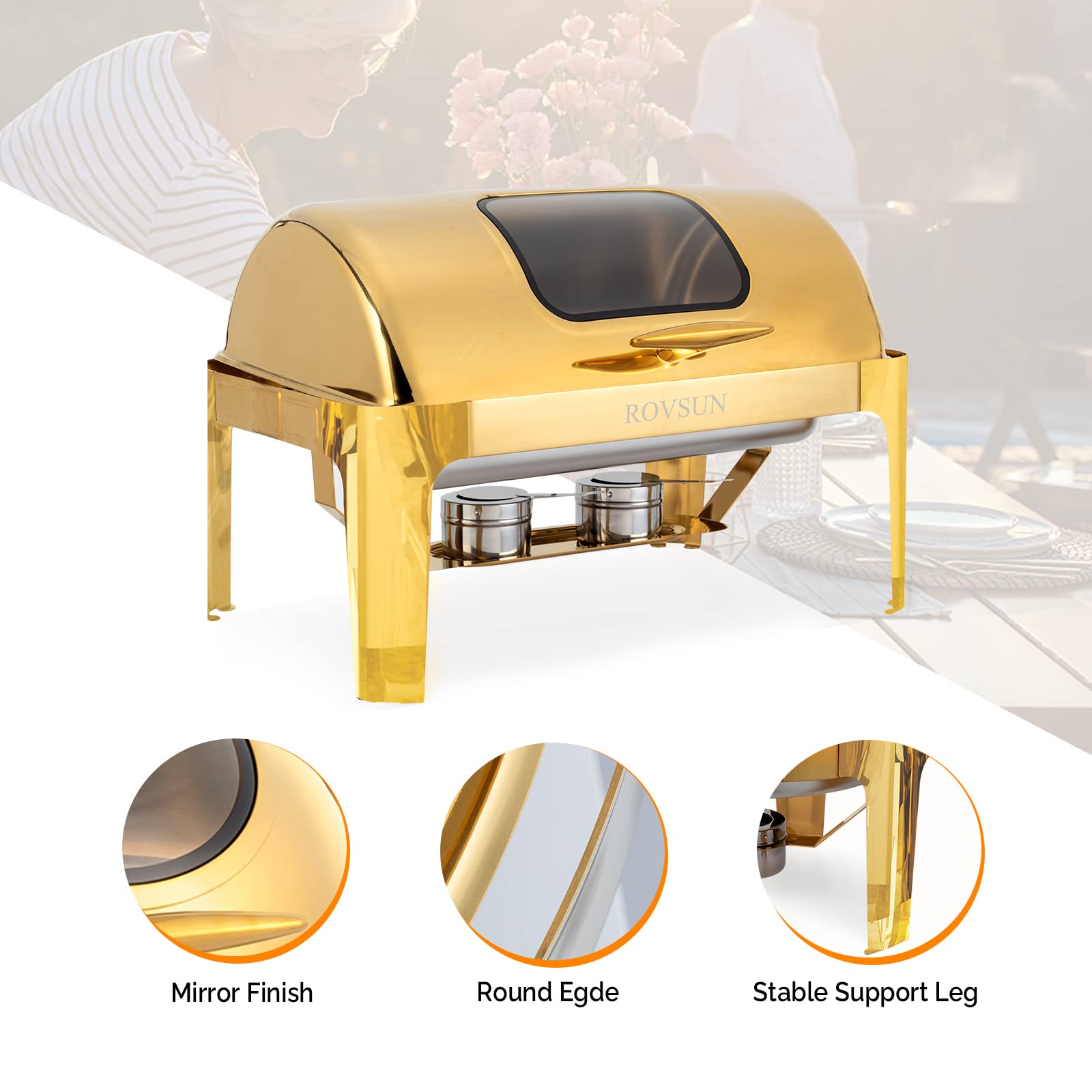 ROVSUN 9QT Roll Top Chafing Dish Buffet Set,Rectangular NSF Stainless Steel Buffet Warmer Chafers and Buffet Warmers Sets with Thick Frame for Catering Events Parties Weddings Dinners,Gold