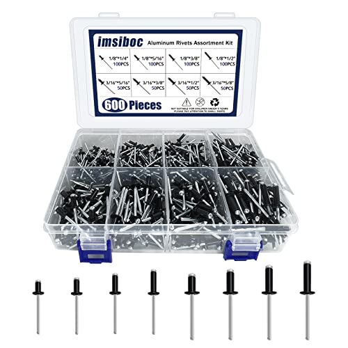 600PCS Black Pop Rivets, 8 Sizes of Aluminum Blind Rivets Assortment Kit(1/8" x 1/4", 5/16", 3/8", 1/2"; 3/16" x 5/16", 3/8", 1/2", 5/8")