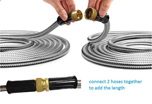 MTB 304 Stainless Steel Garden Hose 50-ft with Spray Nozzle and 3/4β Solid Aluminum Connectors, Metal Water Hose