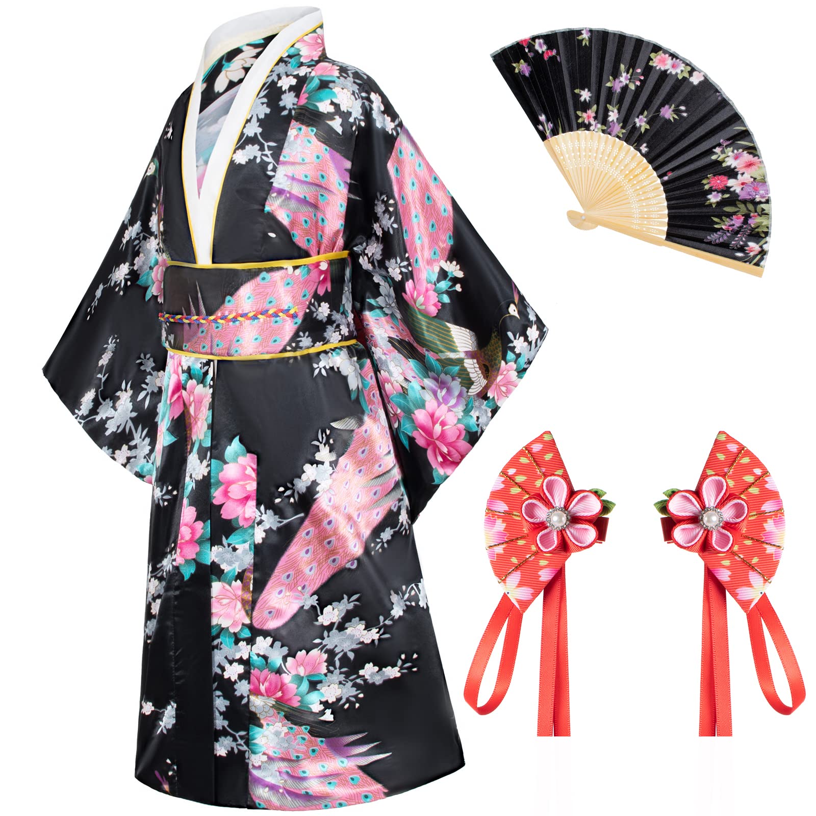 Japanese Traditional Dress Kimono Robe for Kids Girls Costume Silk Folding Fans hairstick Set(Black150cm)