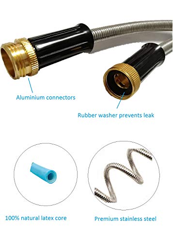 MTB 304 Stainless Steel Garden Hose 50-ft with Spray Nozzle and 3/4β Solid Aluminum Connectors, Metal Water Hose