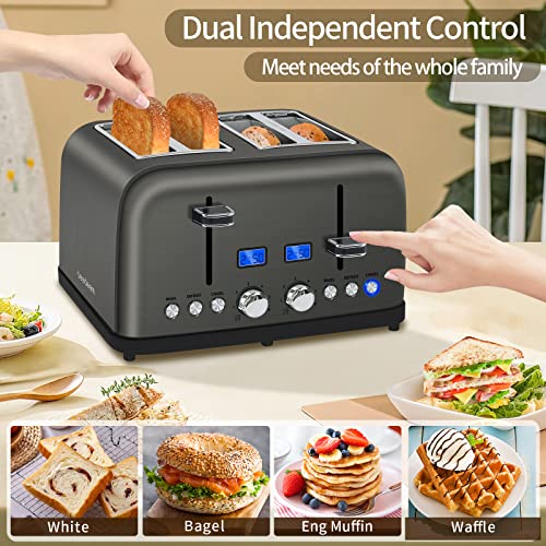 SEEDEEM Toaster 4 Slice, Bread Toaster with LCD Display, 6 Shade Settings Stainless Toaster, 1.5'' Wide Slots, Digital Toaster for Bagel, Defrost, Reheat, Dual Control, Removable Crumb Tray, 1500W, Dark Metallic