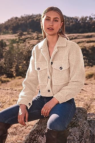 PRETTYGARDEN Womens Fall Clothes Sherpa Shacket Jacket Fuzzy Lapel Button Down Cropped Coat Winter Outerwear (Beige,Large)