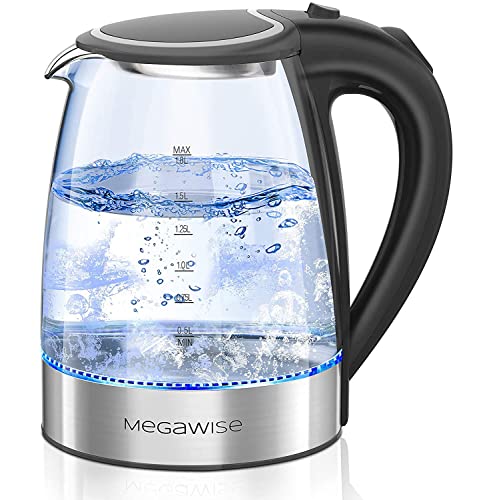 MegaWise 1500W Electric Kettle, 1.8L Borosilicate Glass Tea Kettle with LED Light, Auto Shut-Off and Boil-Dry Protection Cordless Kettle Fast Boiling, BPA Free
