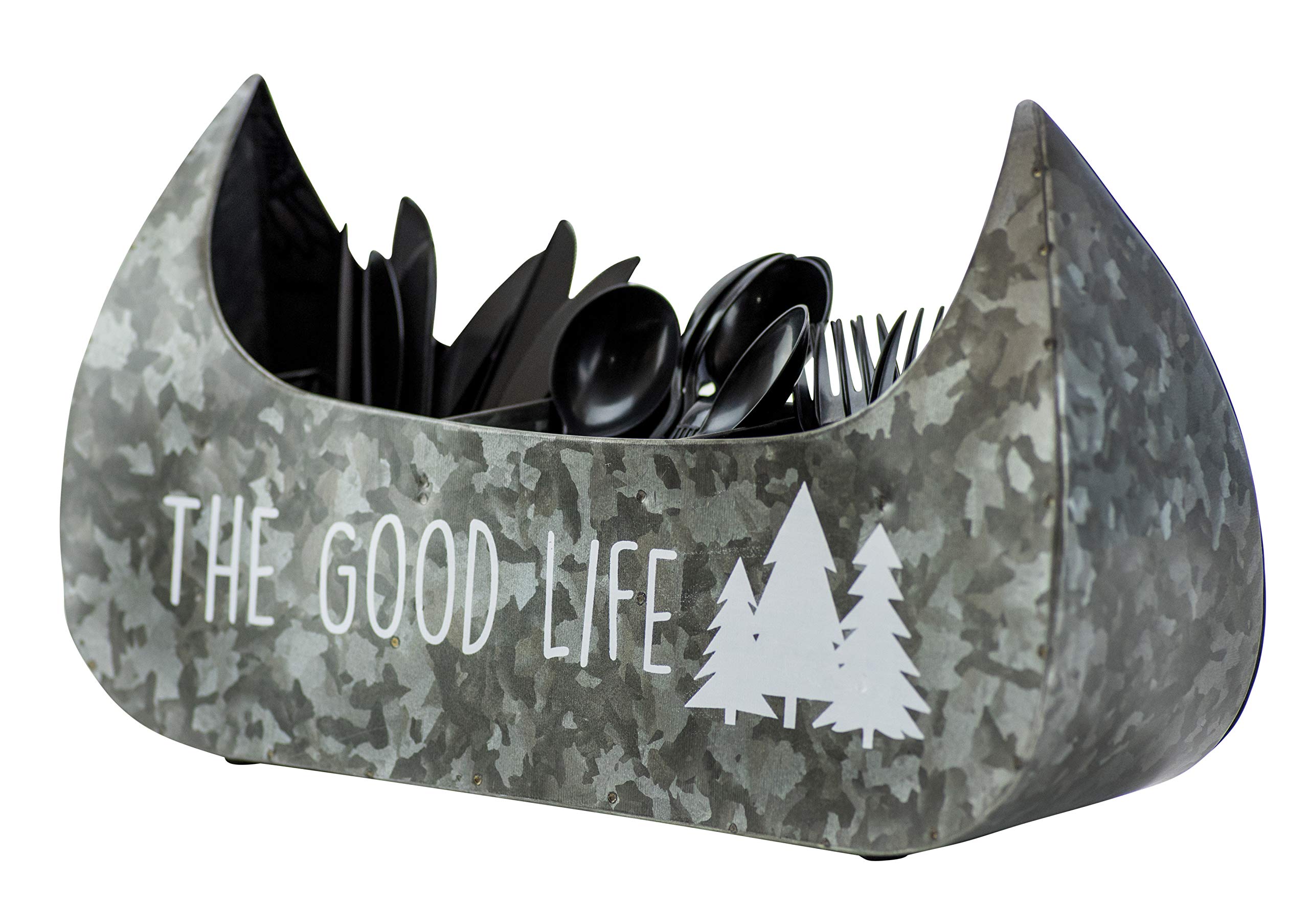 Boston Warehouse 55169 Canoe Shaped Galvanized Metal Flatware Caddy, 14 Inch, The Good Life