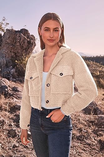 PRETTYGARDEN Womens Fall Clothes Sherpa Shacket Jacket Fuzzy Lapel Button Down Cropped Coat Winter Outerwear (Beige,Large)