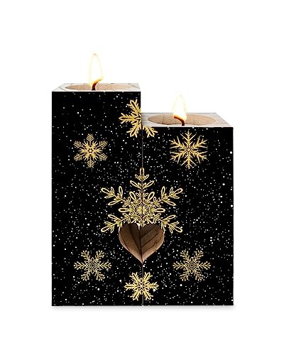Christmas Snowflake Candle Holder with Tea Light,Vintage Wood Tealight Candle Stick Holder Pillar Centerpiece,Heart-Shaped Tall Wooden Tea Light Candle Holders Decor Set Gold Black Xmas Winter Holiday