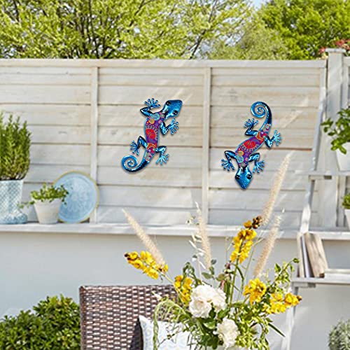 LIFFY Metal Gecko Wall Decor Indoor Room Home Glass Wall Hanging Sculpture Decorations Outside Lizard Garden Art Decorative Ornaments for Patio,Fence,Yard - Set of 2