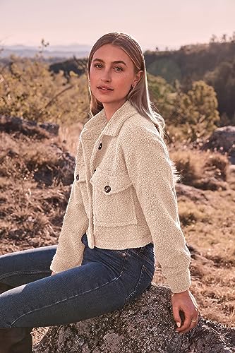 PRETTYGARDEN Womens Fall Clothes Sherpa Shacket Jacket Fuzzy Lapel Button Down Cropped Coat Winter Outerwear (Beige,Large)