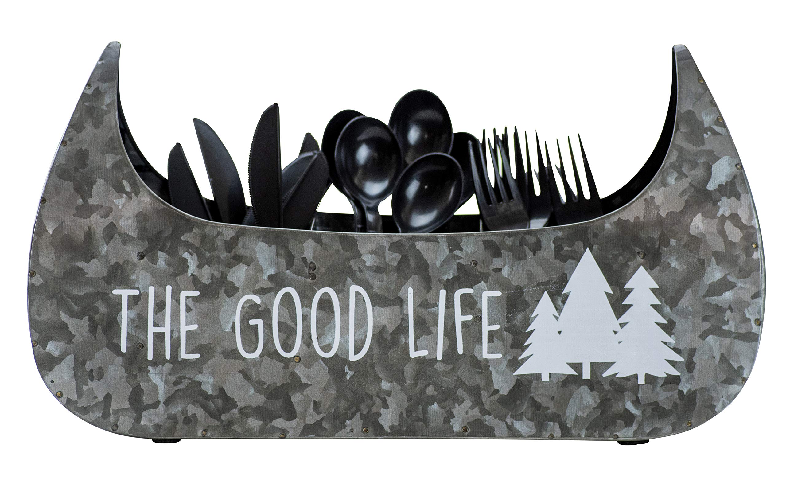 Boston Warehouse 55169 Canoe Shaped Galvanized Metal Flatware Caddy, 14 Inch, The Good Life