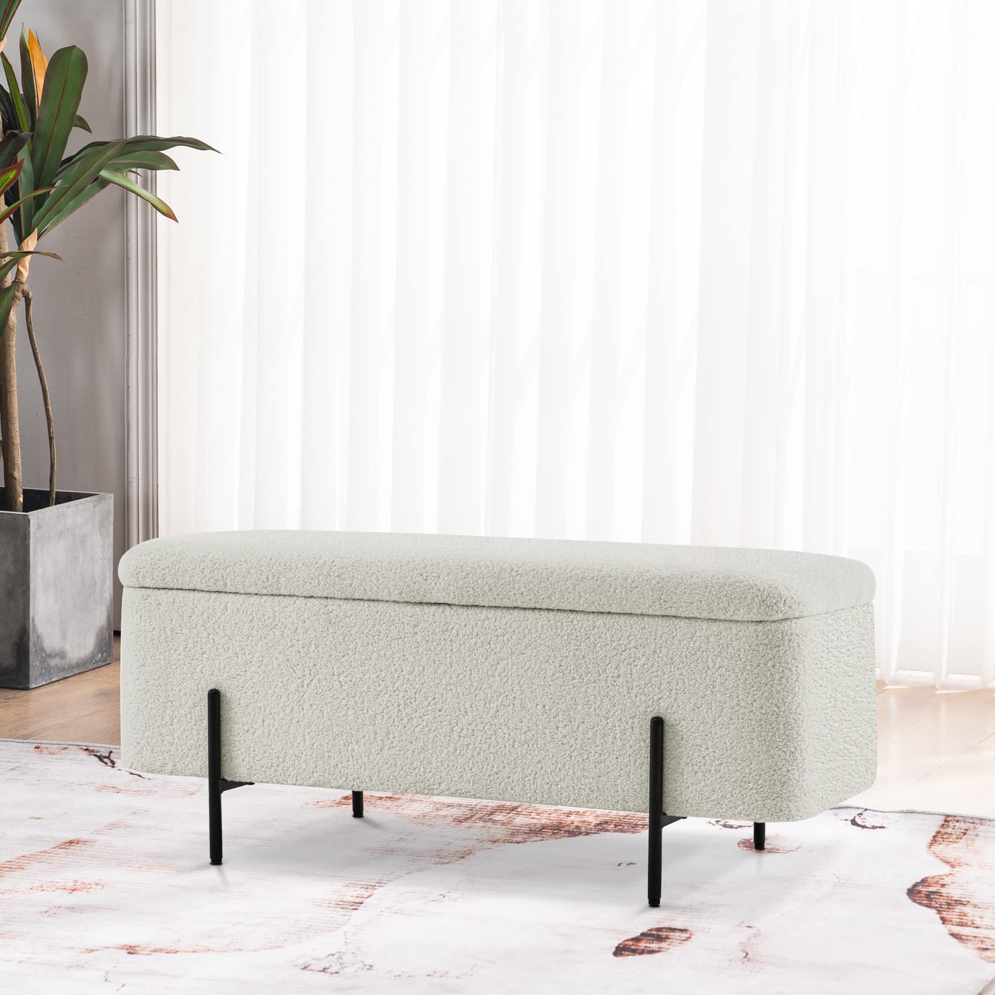 MCombo Storage Ottoman Bench, Teddy Fabric Upholstered Footstool with Storage Space, Bed End Bench for Bedroom, Living Room, Entryway W709 (White)