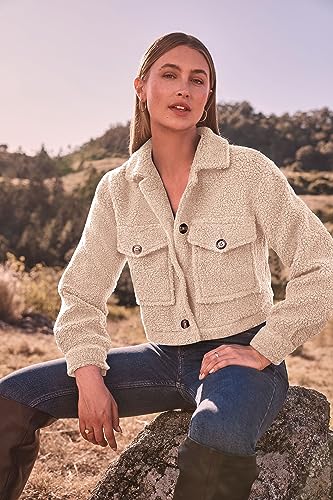 PRETTYGARDEN Womens Fall Clothes Sherpa Shacket Jacket Fuzzy Lapel Button Down Cropped Coat Winter Outerwear (Beige,Large)