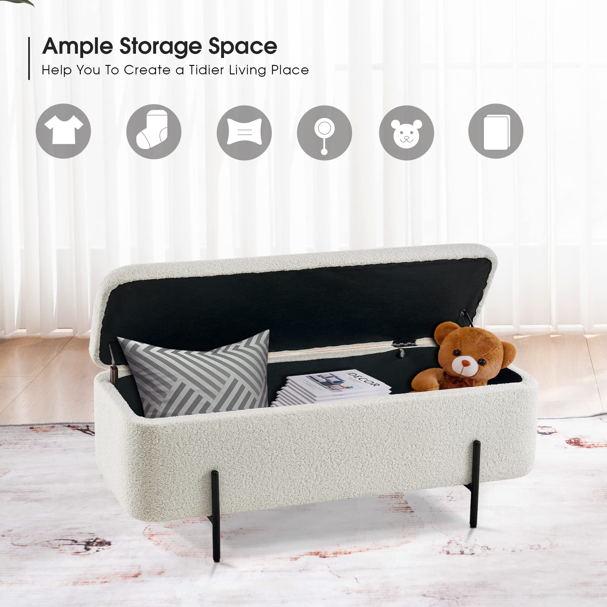 MCombo Storage Ottoman Bench, Teddy Fabric Upholstered Footstool with Storage Space, Bed End Bench for Bedroom, Living Room, Entryway W709 (White)