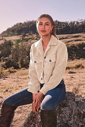 PRETTYGARDEN Womens Fall Clothes Sherpa Shacket Jacket Fuzzy Lapel Button Down Cropped Coat Winter Outerwear (Beige,Large)