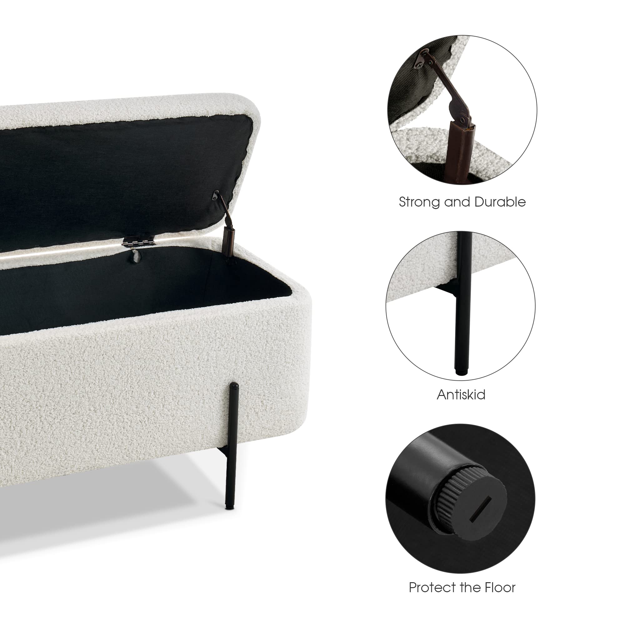 MCombo Storage Ottoman Bench, Teddy Fabric Upholstered Footstool with Storage Space, Bed End Bench for Bedroom, Living Room, Entryway W709 (White)