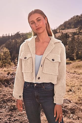 PRETTYGARDEN Womens Fall Clothes Sherpa Shacket Jacket Fuzzy Lapel Button Down Cropped Coat Winter Outerwear (Beige,Large)