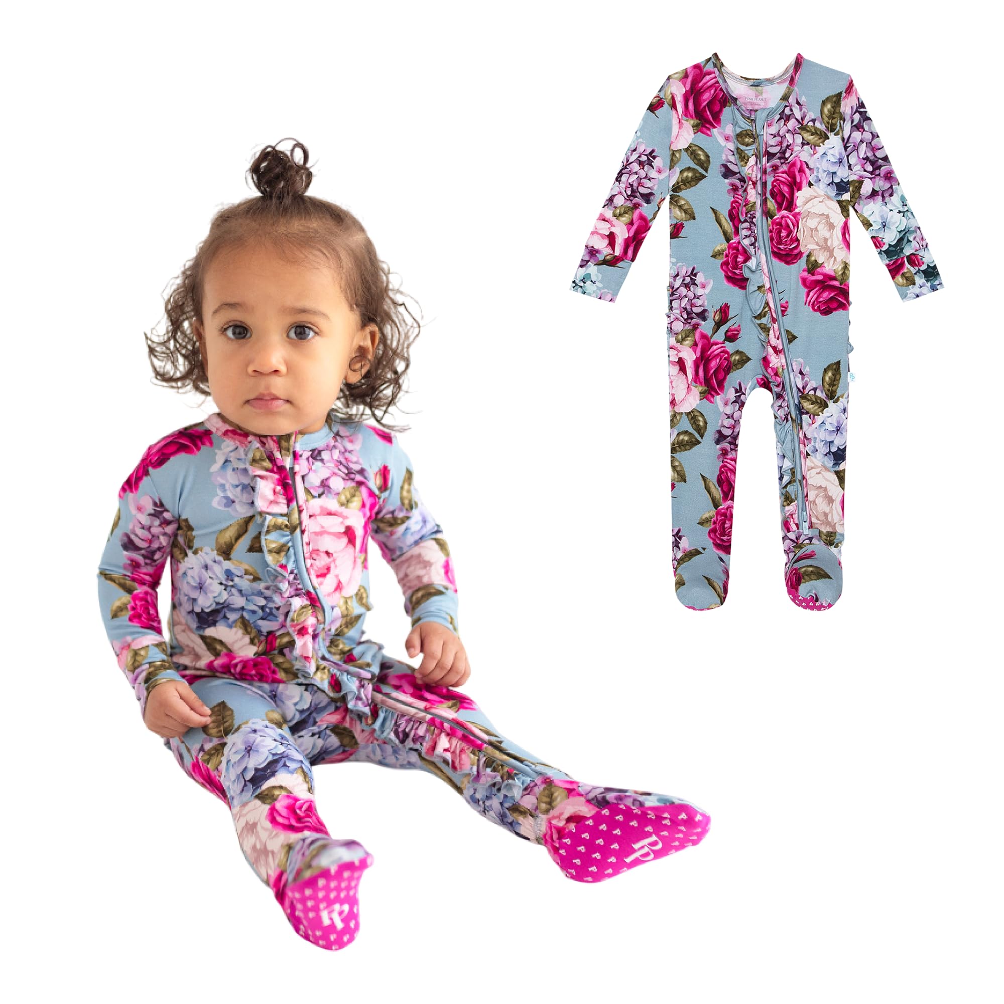 Posh Peanut Footie Pajamas for Baby Girls – Sleepers in Ultra-Soft Viscose from Bamboo with 2-Way Zipper & Ruffle Trim – Newborn to Toddler Sleepwear (Lacey, 3-6 Months)