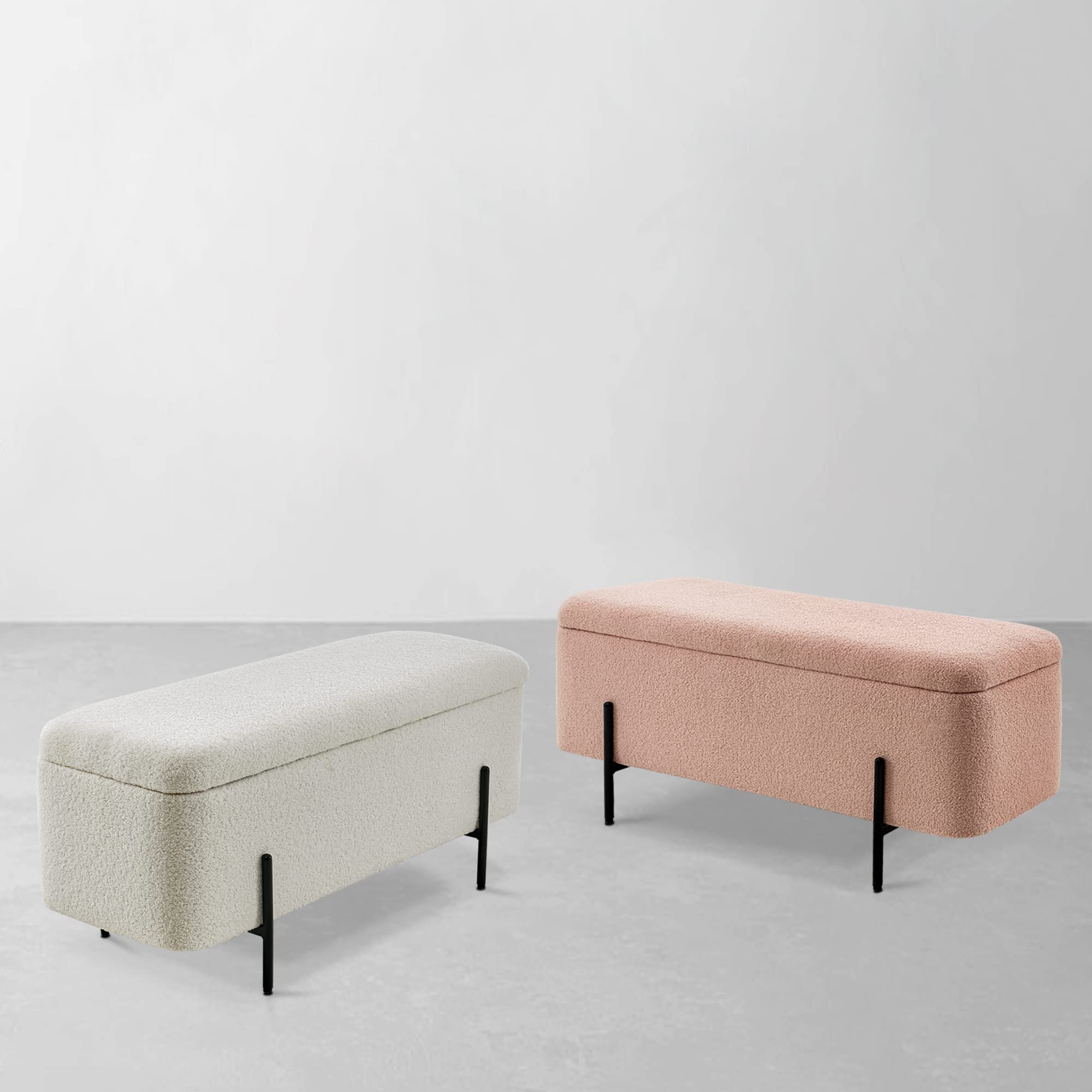 MCombo Storage Ottoman Bench, Teddy Fabric Upholstered Footstool with Storage Space, Bed End Bench for Bedroom, Living Room, Entryway W709 (White)