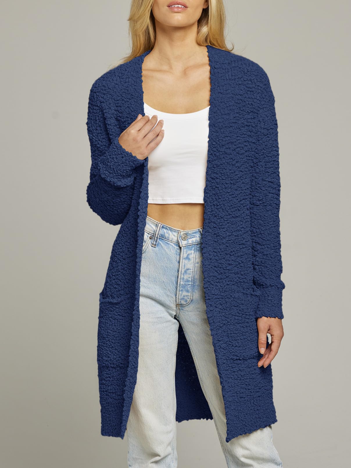 MEROKEETY Women's 2024 Winter Long Sleeve Soft Chunky Knit Sweater Open Front Cardigan Outwear Coat Navy