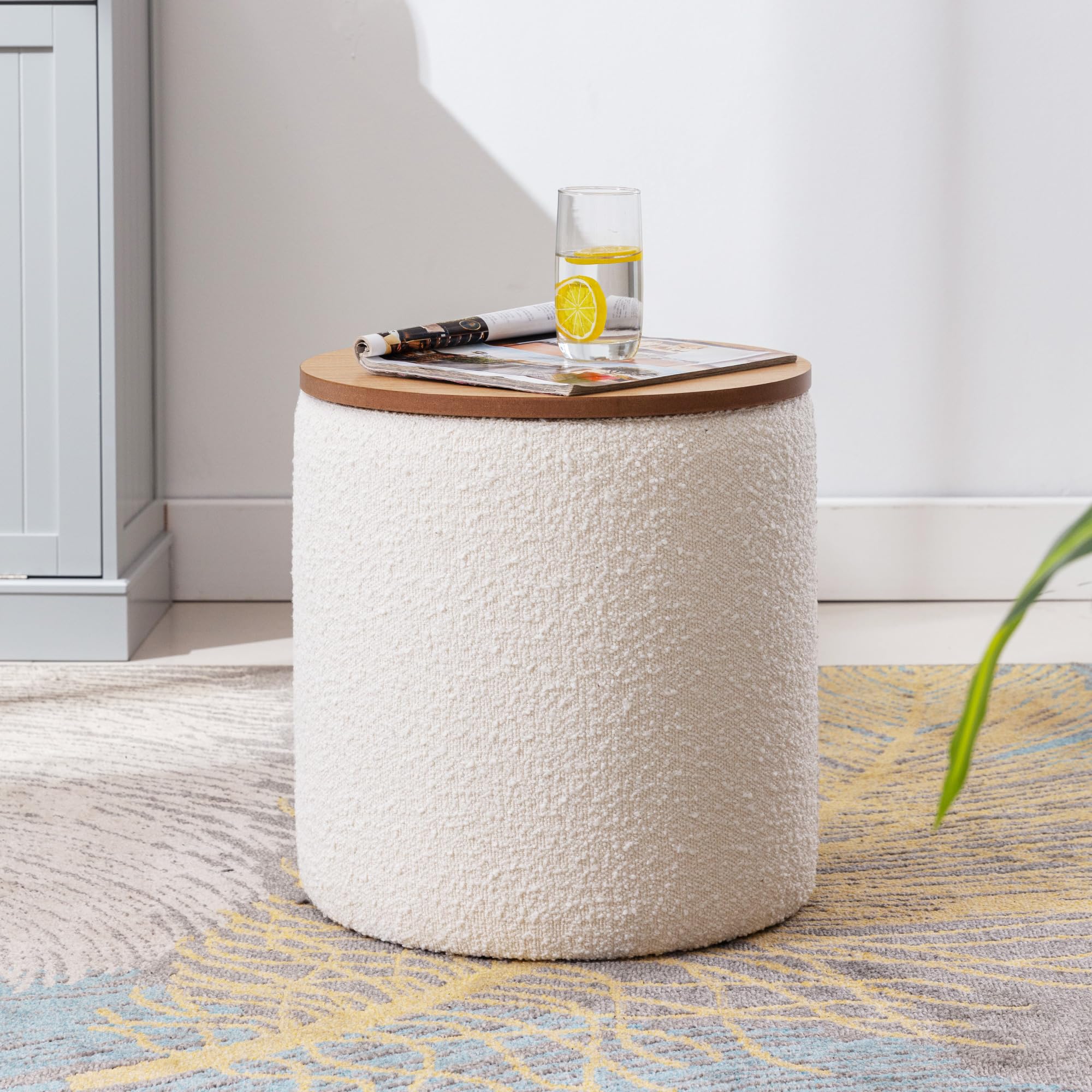 ONEVOG Beige Storage Ottoman with Wooden Lid, Tufted Boucle Fabric, Round Side Table Pouf, Small Vanity Seat Stool, Storage Footstool Chair for Living Room, Bedroom