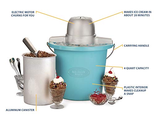 Nostalgia PICM4BG Electric Maker with Easy-Carry Handle Makes 4-Quarts of Ice Cream, Frozen Yogurt or Gelato in Minutes – Blue