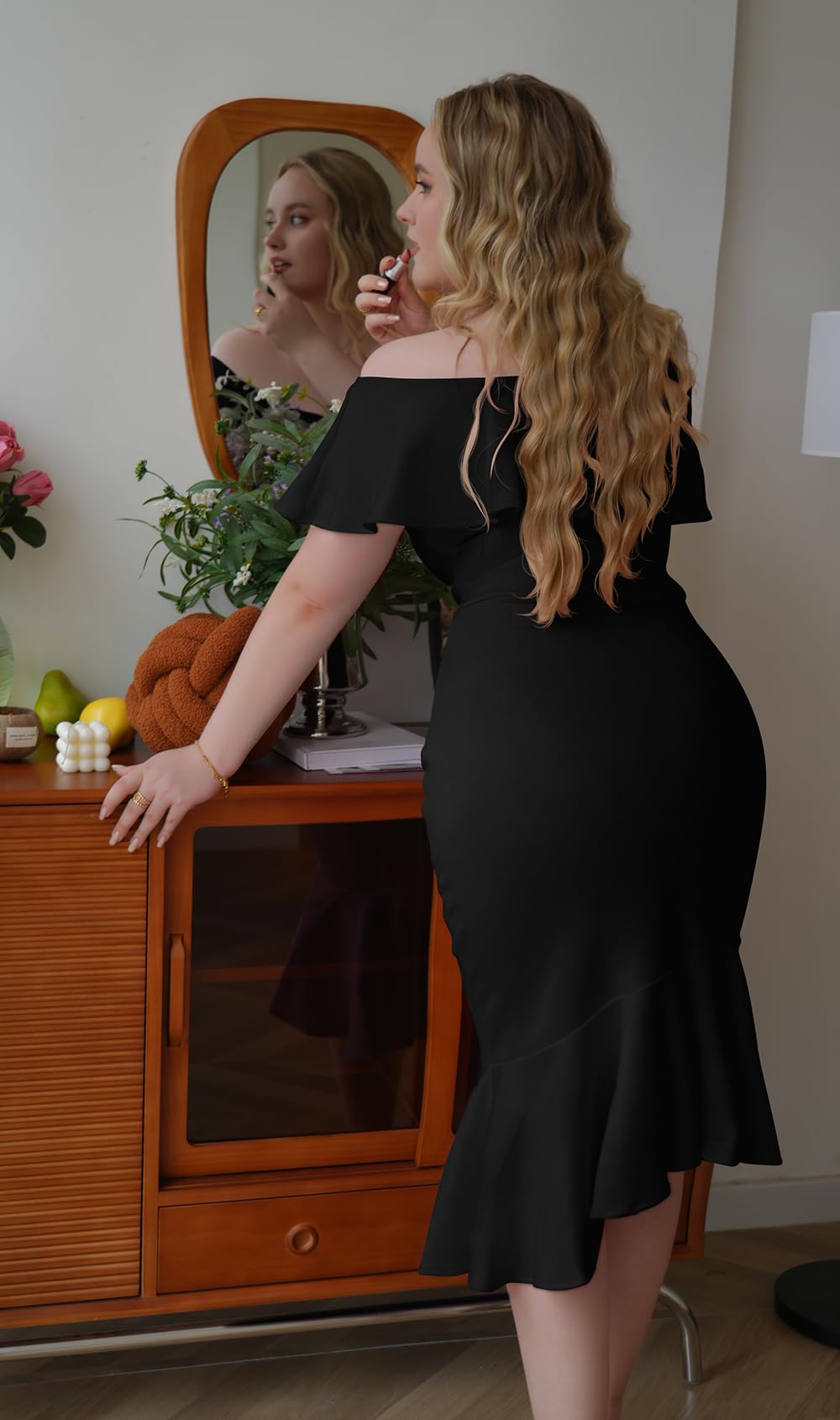 GOBLES Women's Elegant Off The Sholder Back Zipper Ruffles Bodycon Midi Cocktail Dress Black