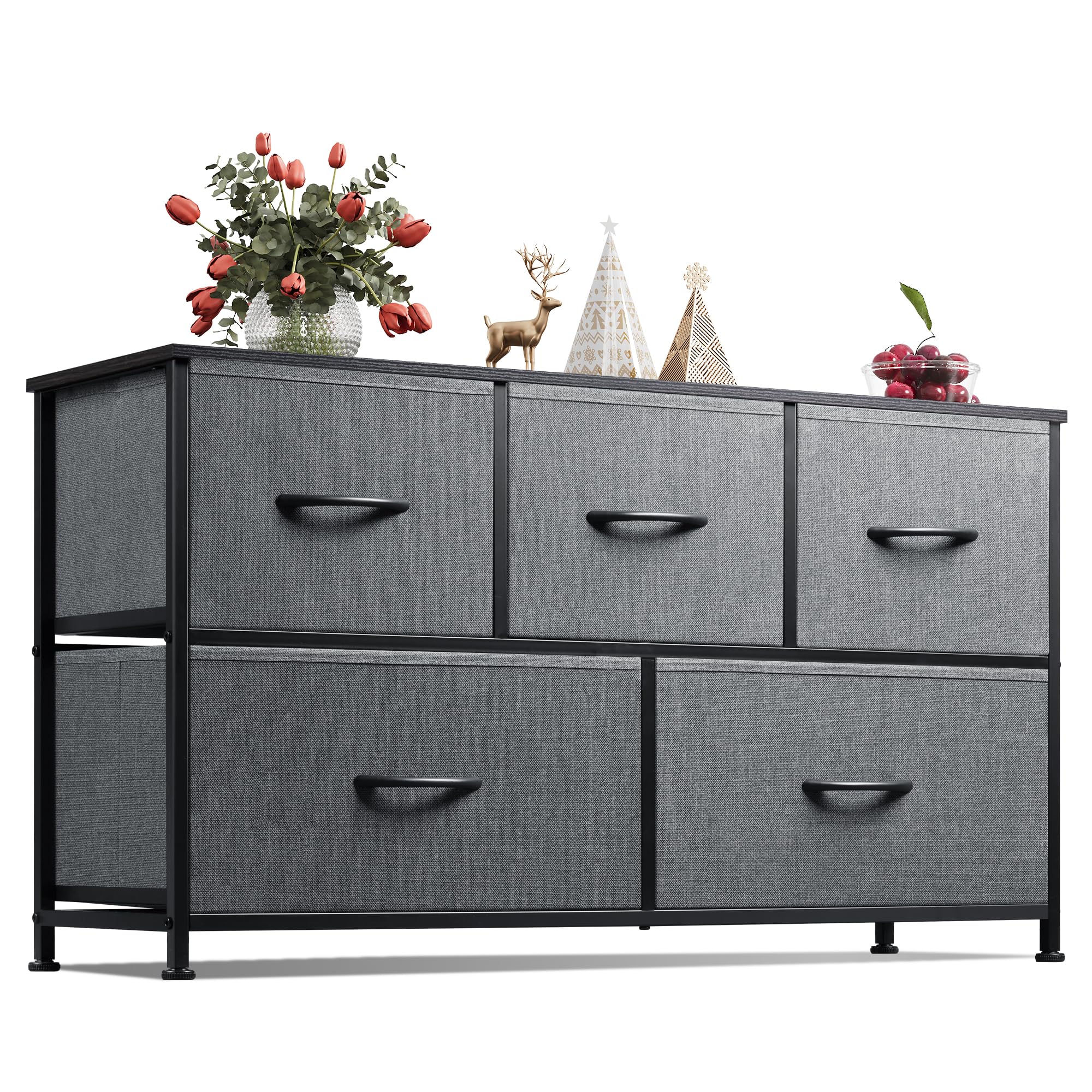 WLIVE Dresser for Bedroom with 5 Drawers, Wide Chest of Drawers, Fabric Dresser, Storage Organizer Unit with Fabric Bins for Closet, Living Room, Hallway, Nursery, Dark Grey