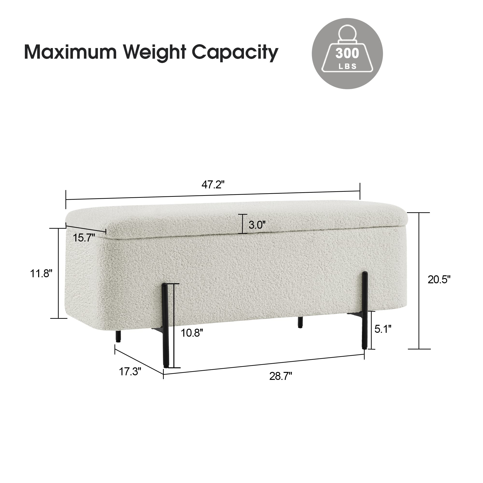 MCombo Storage Ottoman Bench, Teddy Fabric Upholstered Footstool with Storage Space, Bed End Bench for Bedroom, Living Room, Entryway W709 (White)