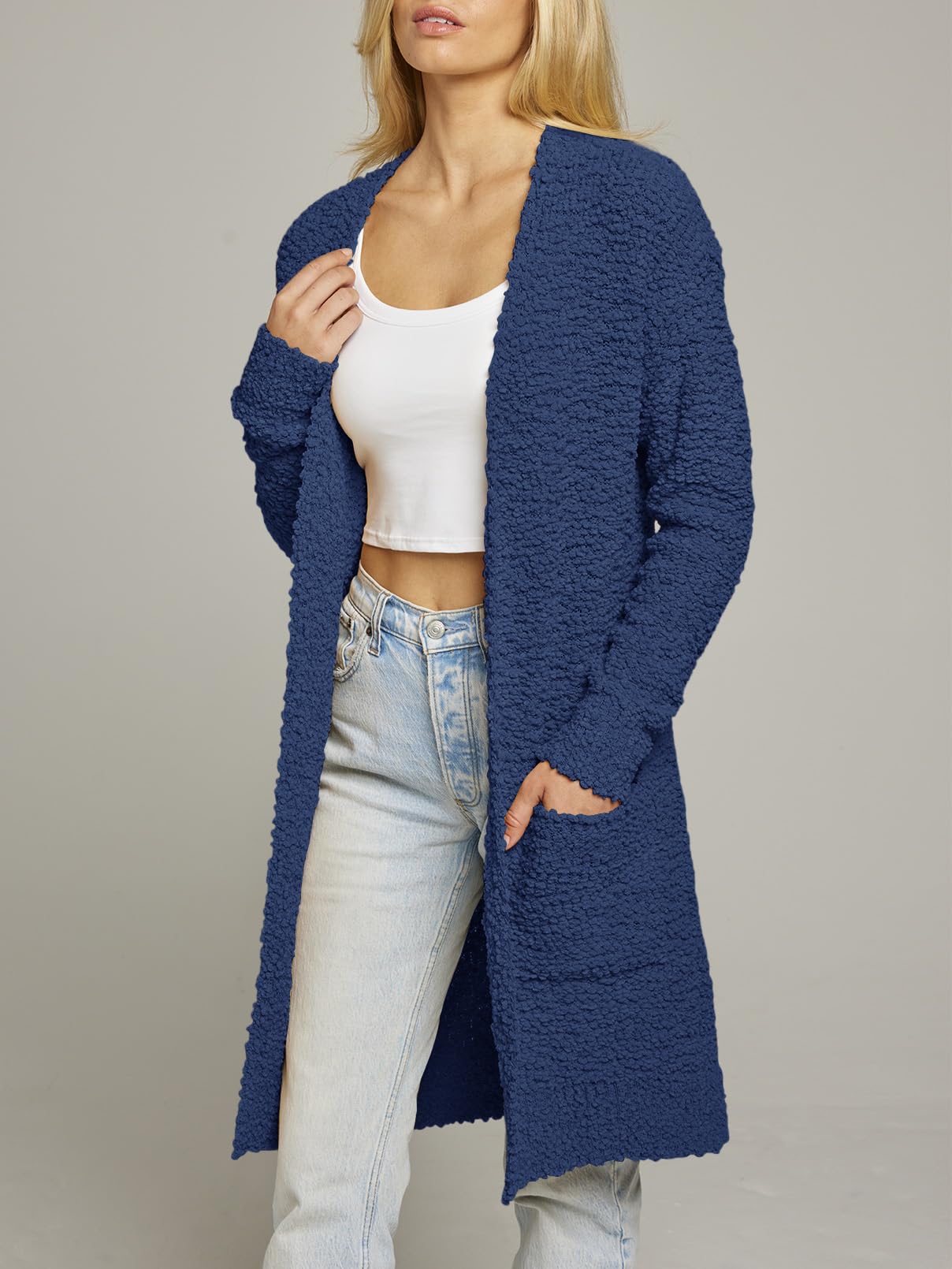 MEROKEETY Women's 2024 Winter Long Sleeve Soft Chunky Knit Sweater Open Front Cardigan Outwear Coat Navy