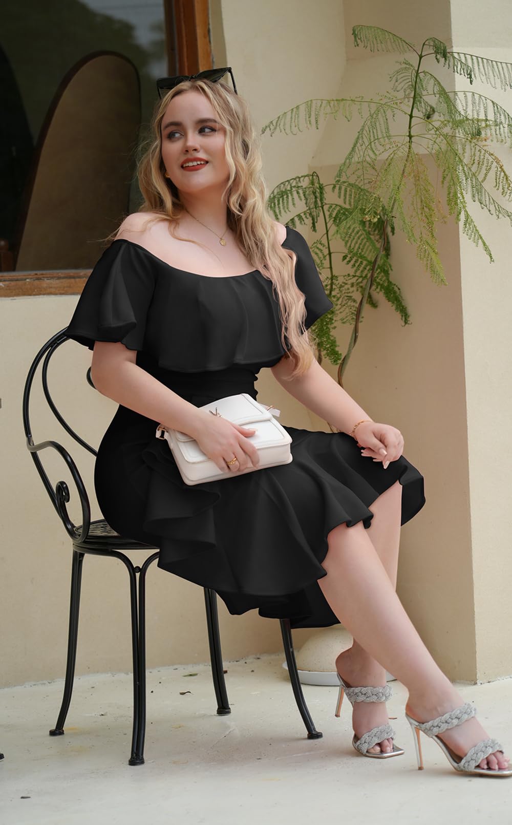 GOBLES Women's Elegant Off The Sholder Back Zipper Ruffles Bodycon Midi Cocktail Dress Black