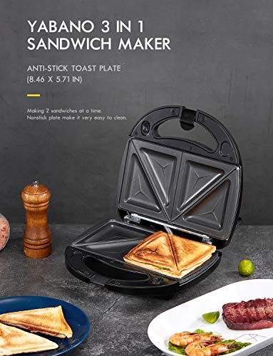 Sandwich Maker 3 in 1, Waffle Make with Removable Plate, Electric Panini Press Grill, Sandwich Toaster with Detachable Non-stick Coating, LED Indicator Lights, Cool Touch Handle, Black