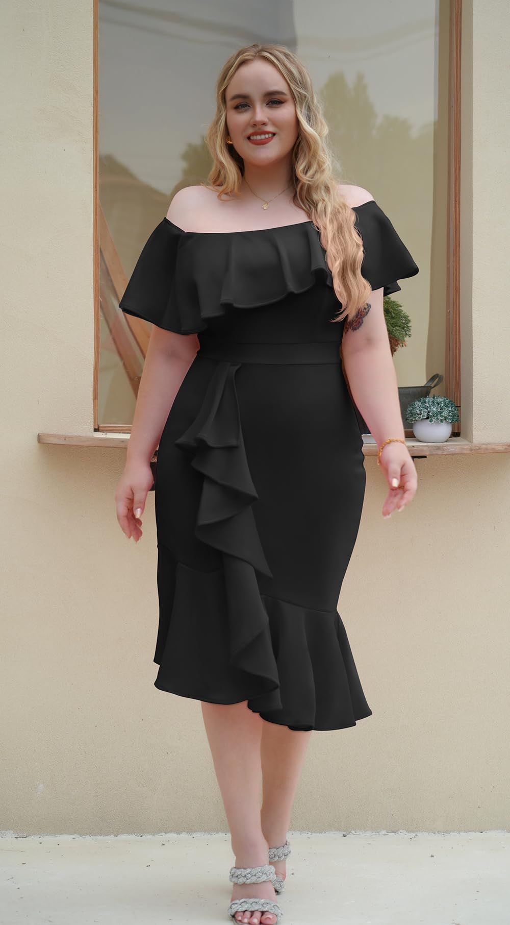 GOBLES Women's Elegant Off The Sholder Back Zipper Ruffles Bodycon Midi Cocktail Dress Black