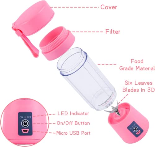 Portable Blenders,Personal Size Blender Smoothies and Shakes, USB Rchargeable Juicer Cup with Six Blades in Handheld Blender Sports,Travel and Home (Pink)