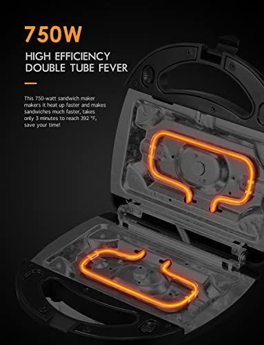 Sandwich Maker 3 in 1, Waffle Make with Removable Plate, Electric Panini Press Grill, Sandwich Toaster with Detachable Non-stick Coating, LED Indicator Lights, Cool Touch Handle, Black