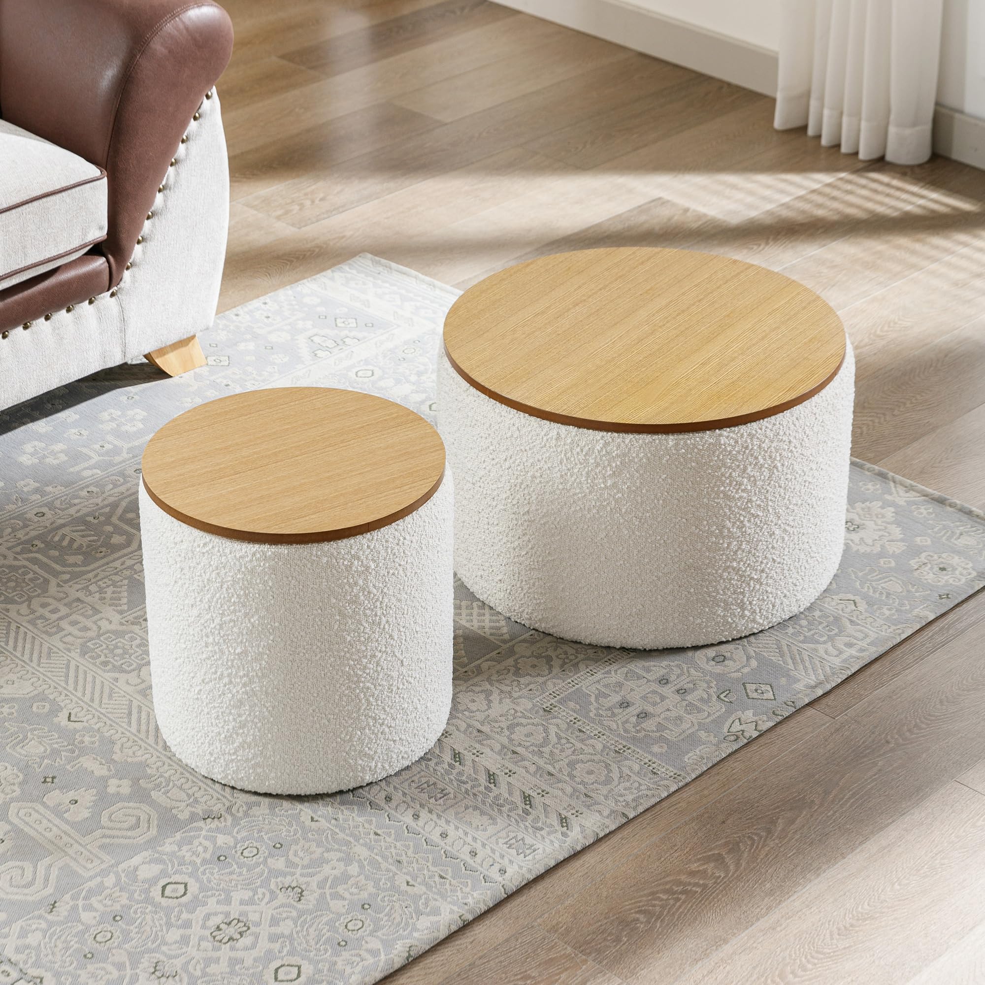 ONEVOG Beige Storage Ottoman with Wooden Lid, Tufted Boucle Fabric, Round Side Table Pouf, Small Vanity Seat Stool, Storage Footstool Chair for Living Room, Bedroom