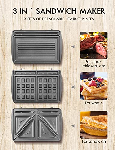 Sandwich Maker 3 in 1, Waffle Make with Removable Plate, Electric Panini Press Grill, Sandwich Toaster with Detachable Non-stick Coating, LED Indicator Lights, Cool Touch Handle, Black
