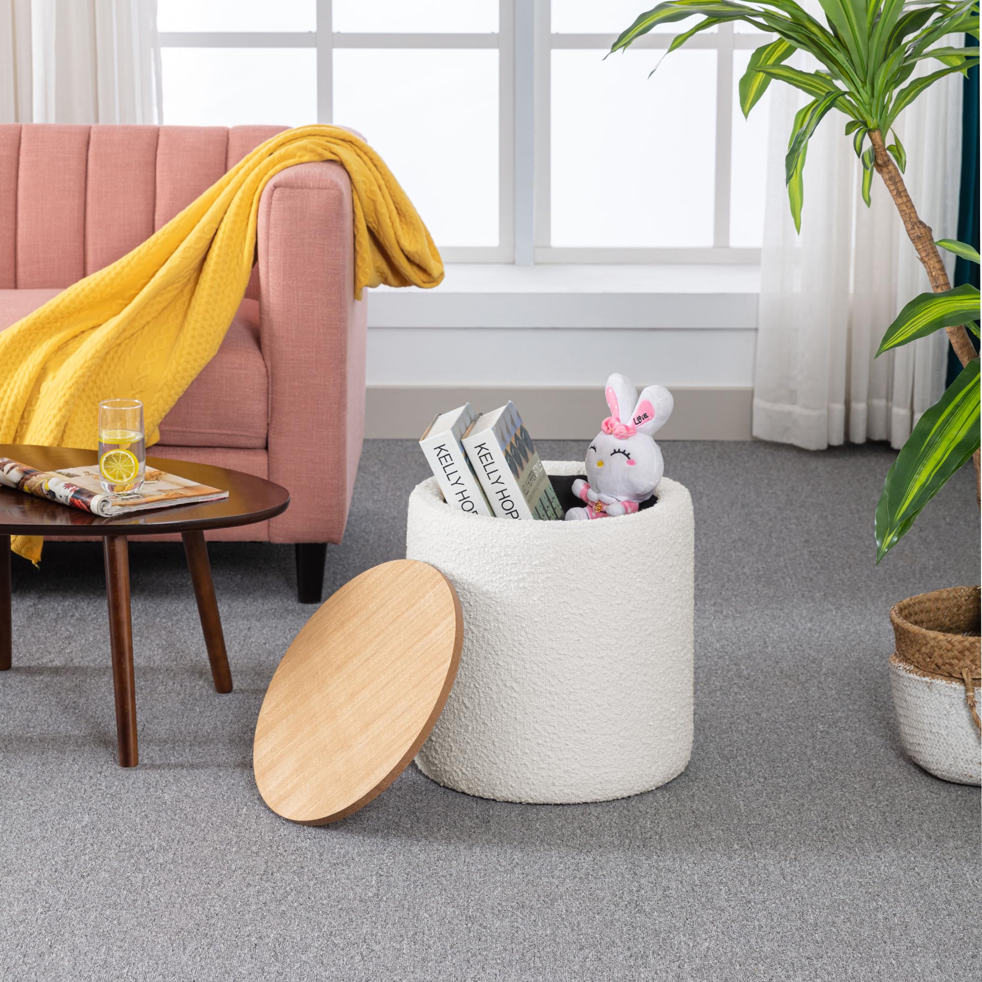 ONEVOG Beige Storage Ottoman with Wooden Lid, Tufted Boucle Fabric, Round Side Table Pouf, Small Vanity Seat Stool, Storage Footstool Chair for Living Room, Bedroom
