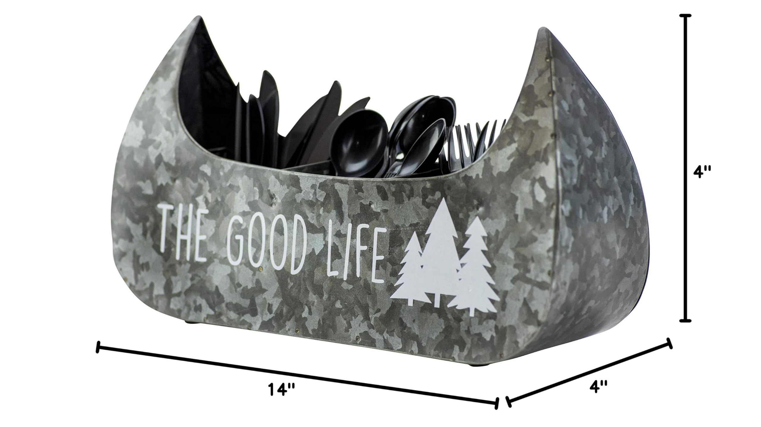 Boston Warehouse 55169 Canoe Shaped Galvanized Metal Flatware Caddy, 14 Inch, The Good Life
