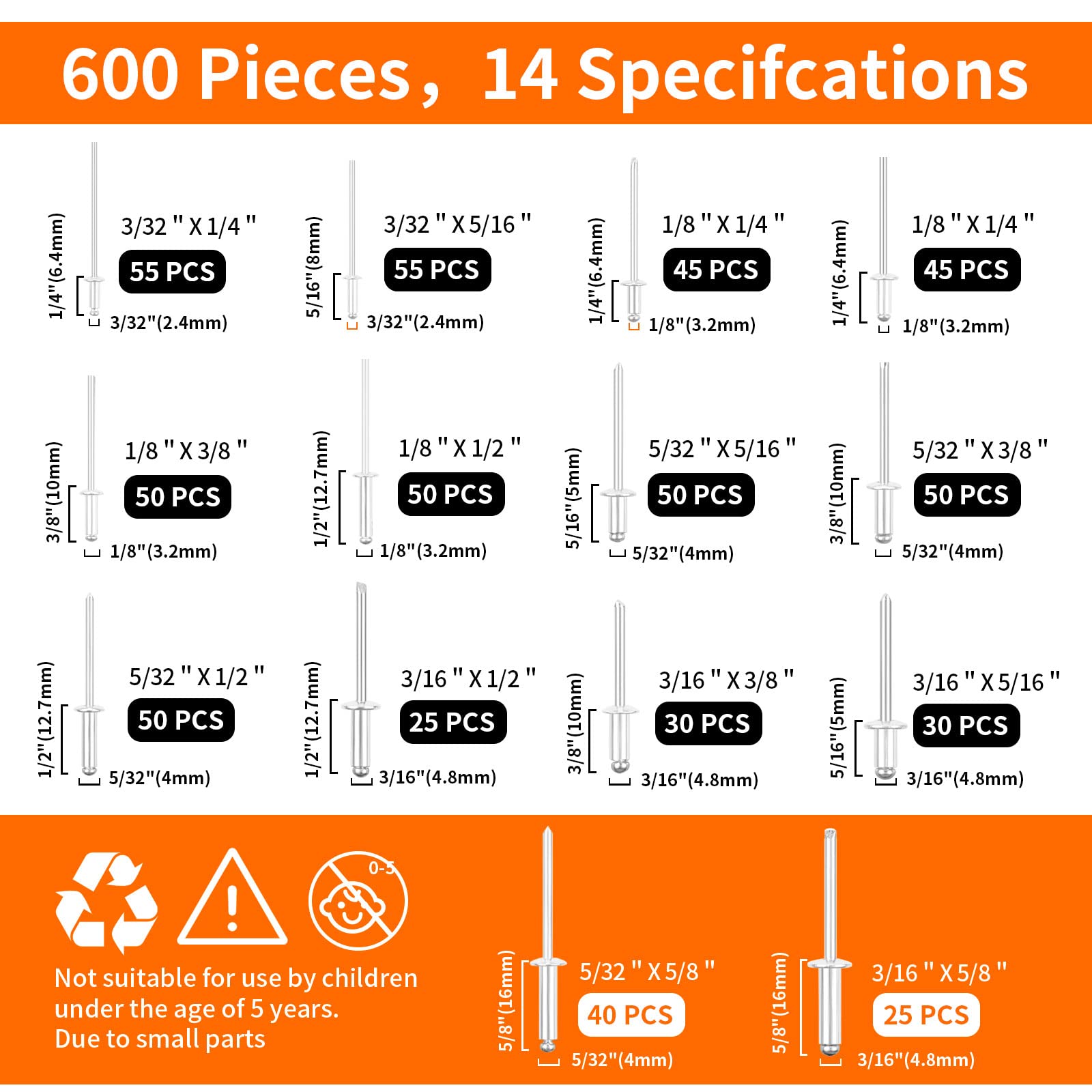 600pcs Pop Rivets Assortment Kit, 14 Sizes Aluminum Rivets 3/32" 1/8" 5/32" 3/16", Assorted Black Rivets with Reinfored Divider and Labeled Case (Silver)